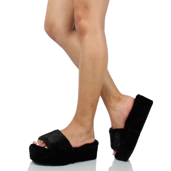 Shoes | Black Furry Platform Wedge | Poshmark